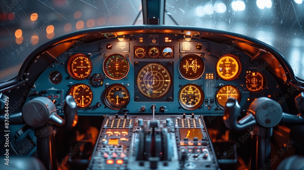 Aircraft Cockpit at Night. Aircraft cockpit at night with illuminated controls, showcasing the ...