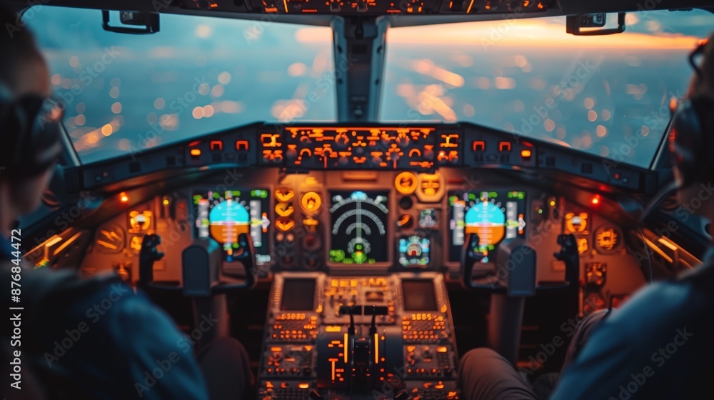 Pilots in Cockpit During Flight. Two pilots in an airplane cockpit ...