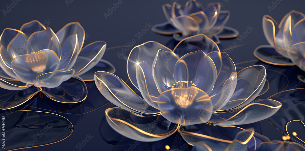 3D wallpaper, 4 lotus flowers in a line art style on a dark blue ...