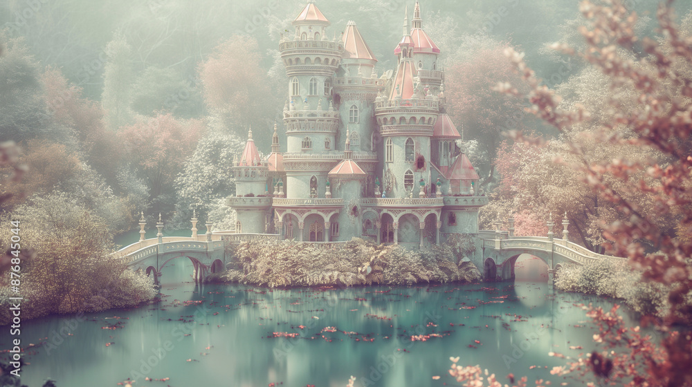 A whimsical castle podium with pastel-colored towers, drawbridges, and ...