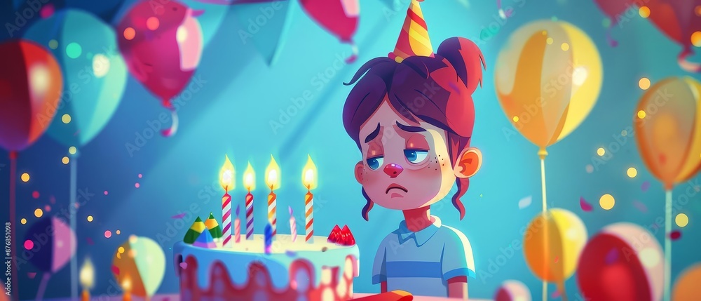 Child feeling sad at a birthday party, colorful decorations, deep blues ...