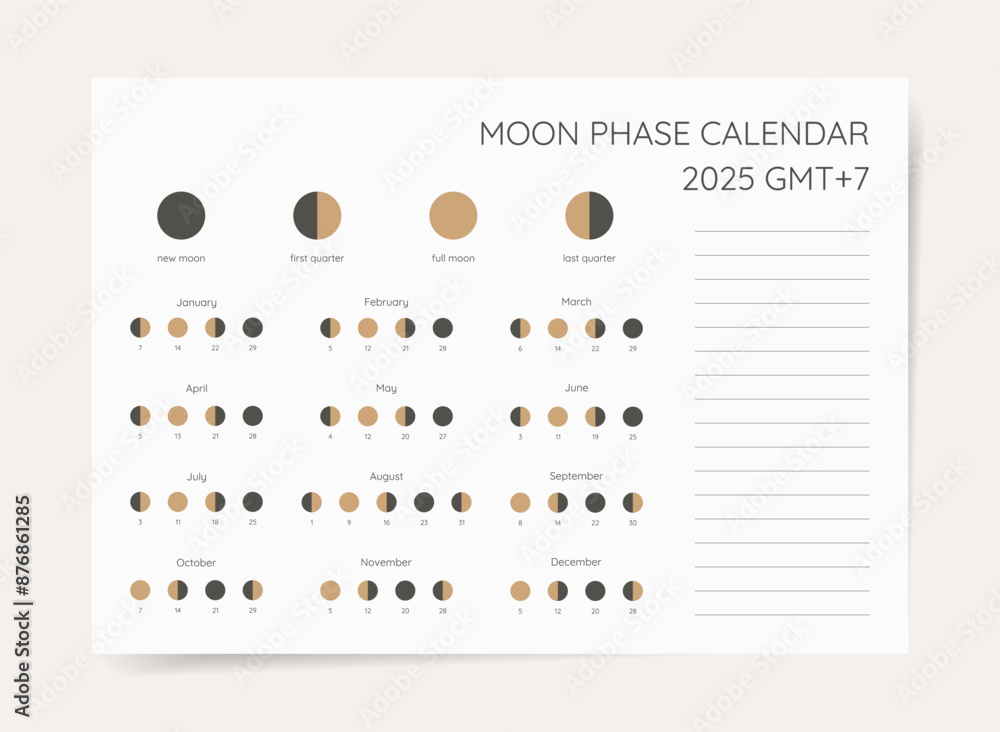 Moon Calendar 2025: Printable Vector Lunar Phases Template for Modern ...