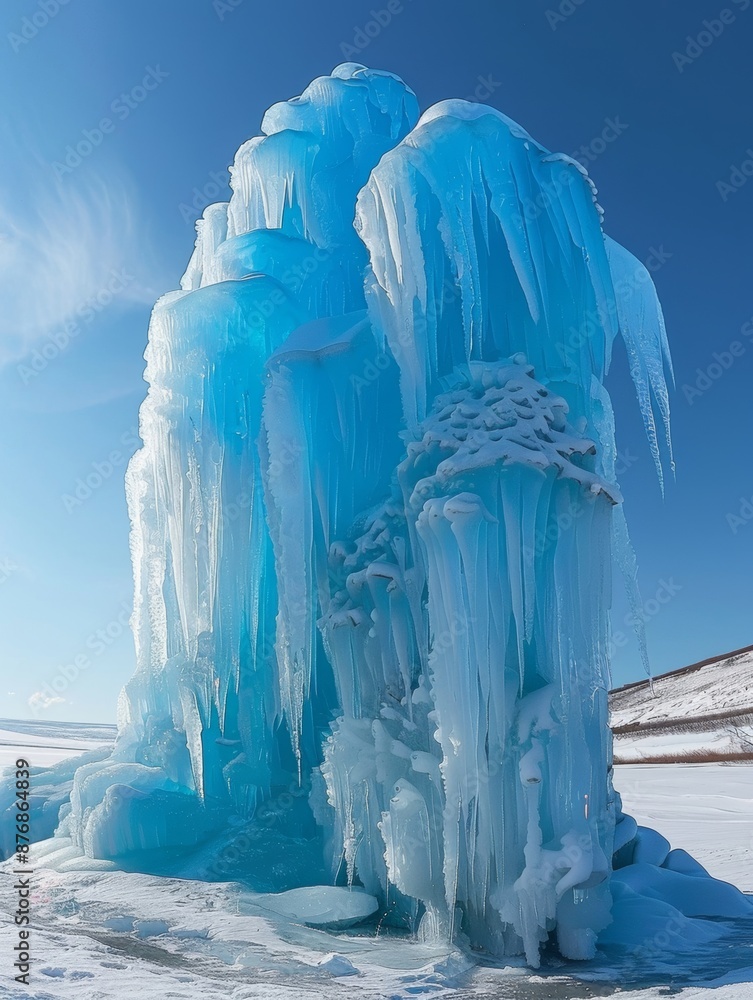 The ice fountain takes the shape of a stunning mound of blue ice. This ...