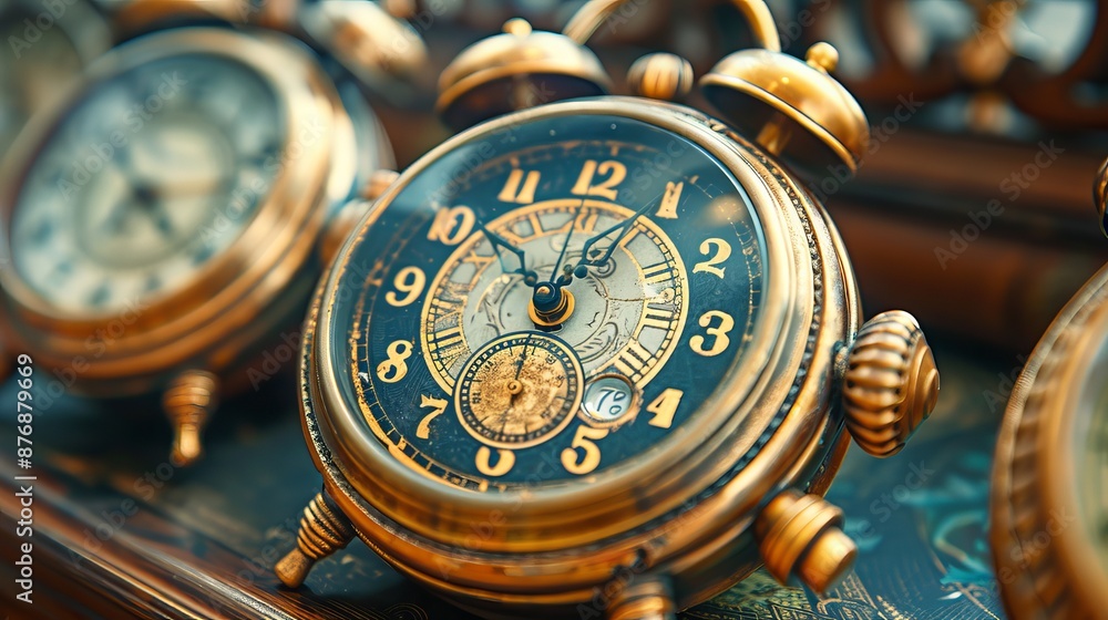 A vintage clockwork background with dials of antique classic clocks ...