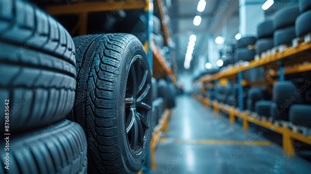 Rows of tires neatly organized in a modern warehouse, showcasing a well ...