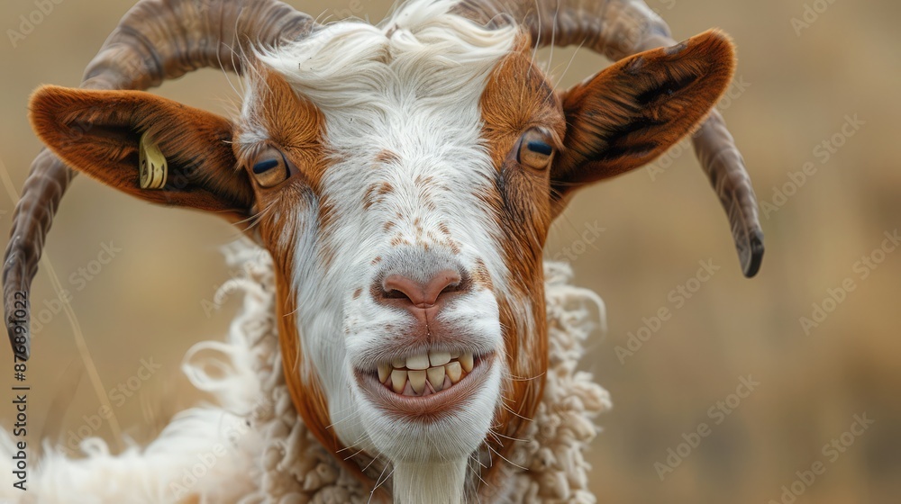 White sheep with smiley face in farm blurred background, Sheep on the ...