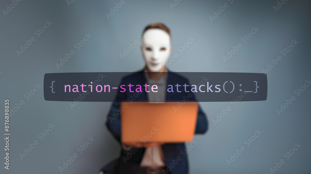 Cybersecurity concept nation-state attacks on foreground screen, hacker silhouette hidden with ...