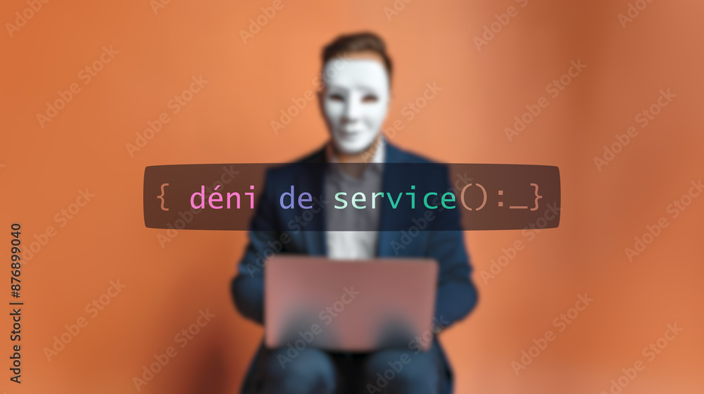 Cybersecurity concept déni de service on foreground screen, hacker silhouette hidden with low ...