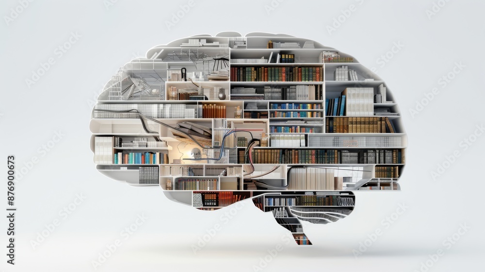 Realistic brain cross-section illustration featuring library-like ...