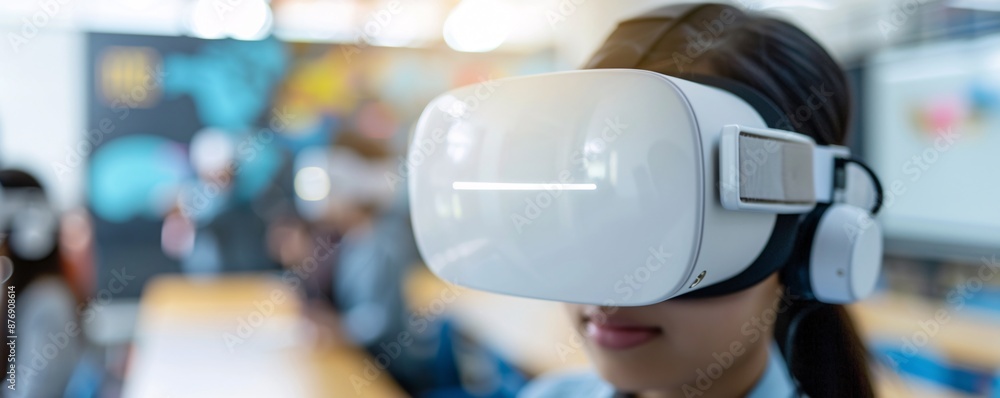 Magazine Photography style, bright and modern classroom, students using ...