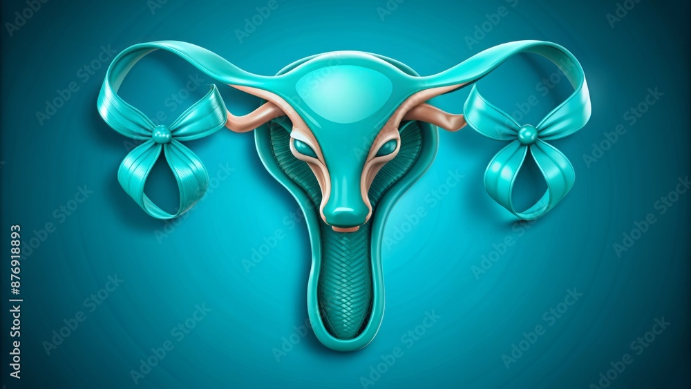 Teal ribbon resting on a detailed illustration of the female ...