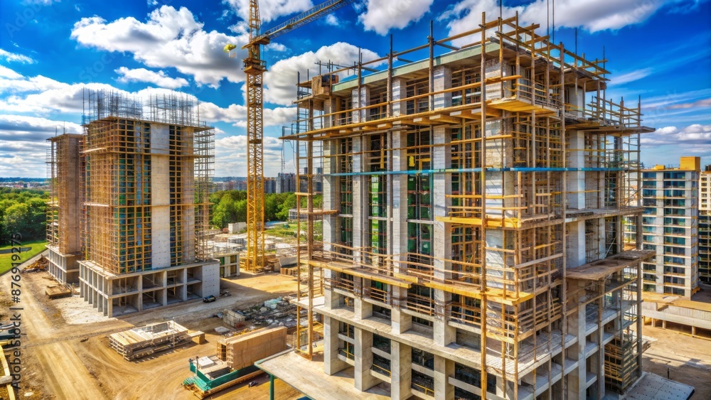 ภาพประกอบสต็อก Tall vertical formwork panels stand upright on ...