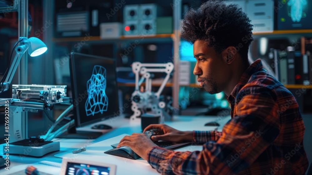 A product designer works on a prototype at a well-lit workstation. An ...