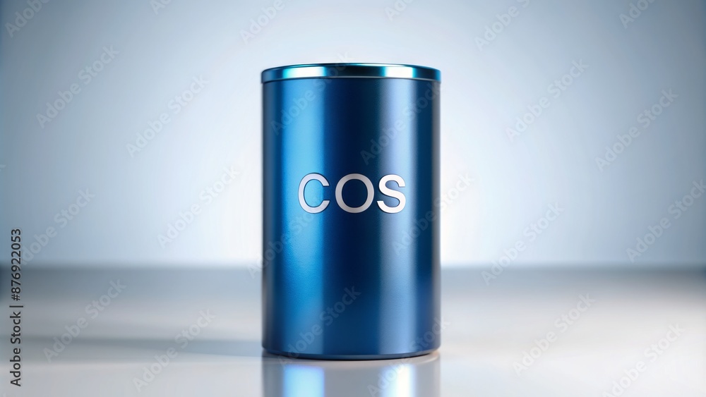 Modern sleek blue metallic cylindrical object with cos label on side ...