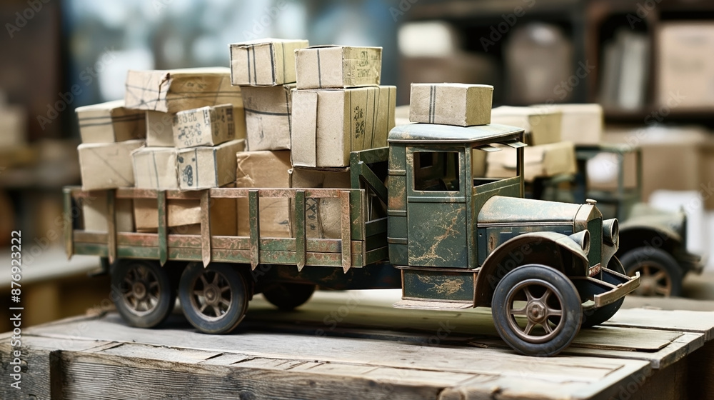 Vintage toy trucks loaded with cardboard boxes in a rustic warehouse ...