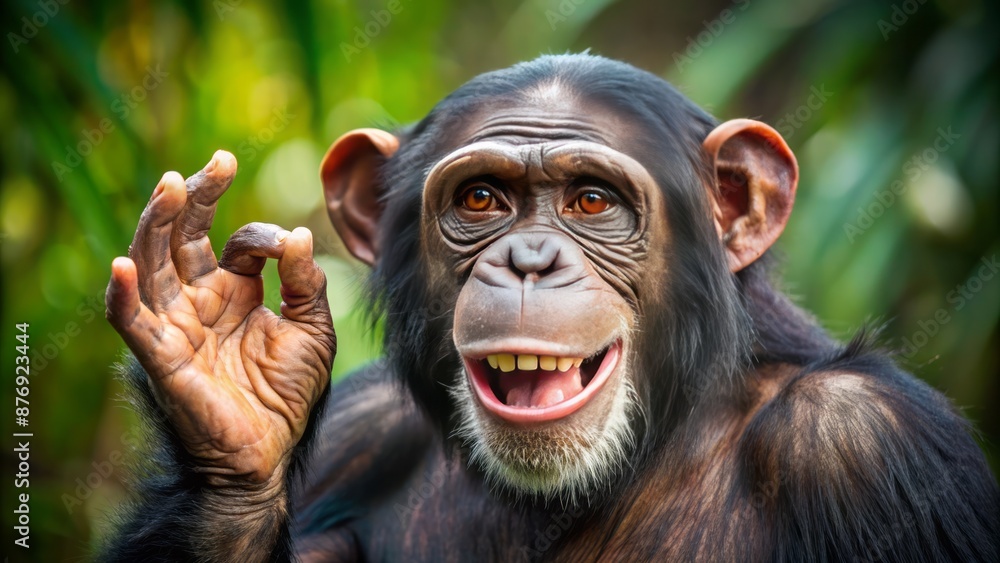 Amused chimpanzee bursts into uncontrollable laughter, simultaneously ...