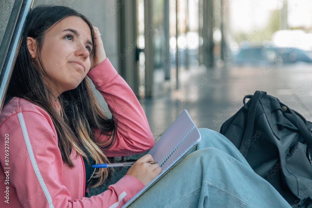 teenage student sitting on the school stairs thinking what to write in ...