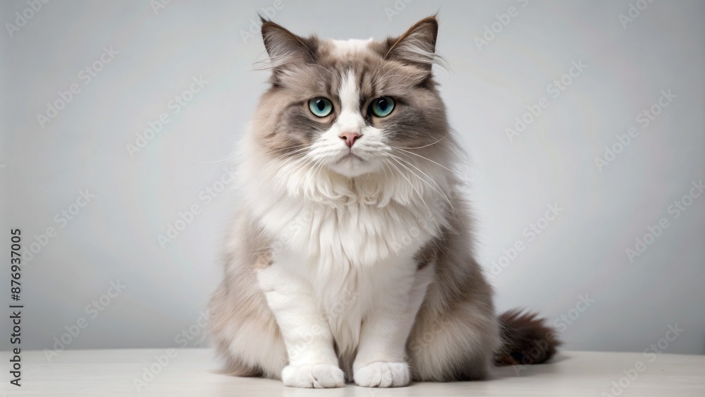 Frowning, fluffy, grey and white ragdoll cat sits upright, showcasing ...