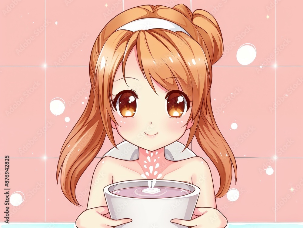 Adorable manga chibi illustration of a girl steaming her face in a cute ...