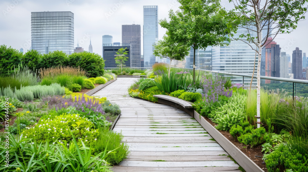 Customizable green roof garden with pathways and seating for urban ...