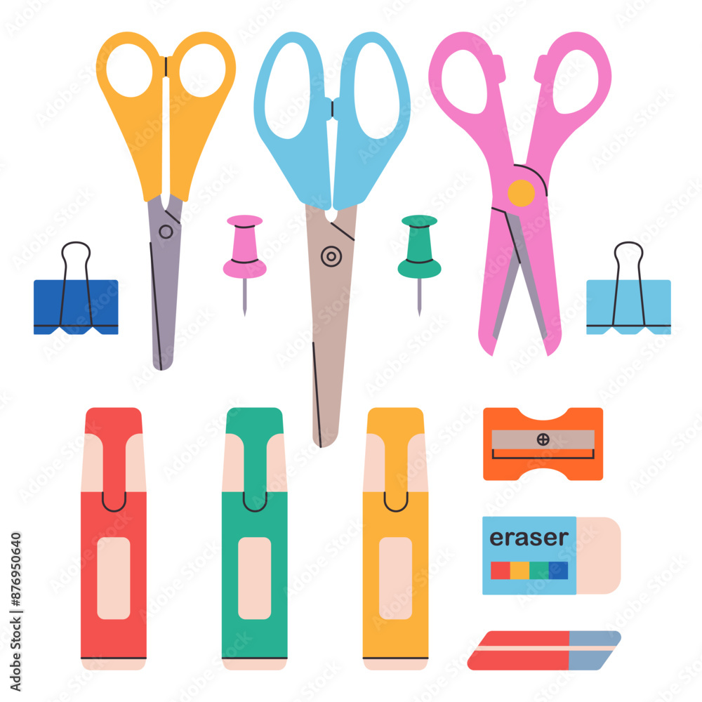Cute school childrens flat elements set. Various stationery for study ...