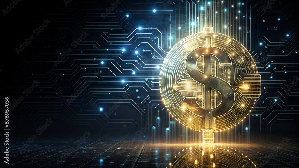 Digital illustration of the digital money symbol on a blue background ...