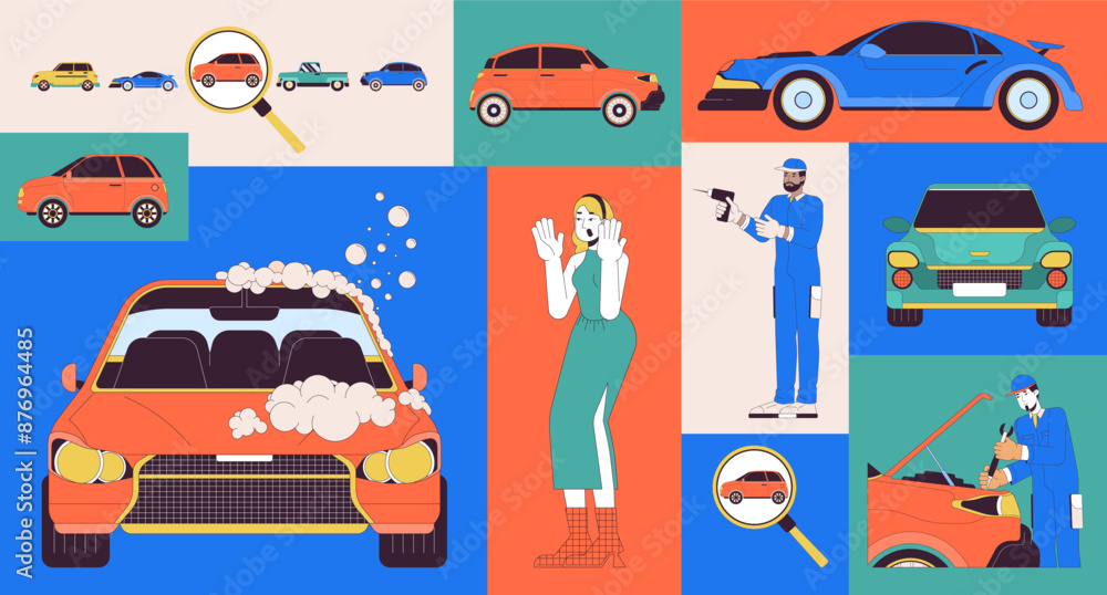 Diverse people and cars bento grid illustration set. Choosing ...