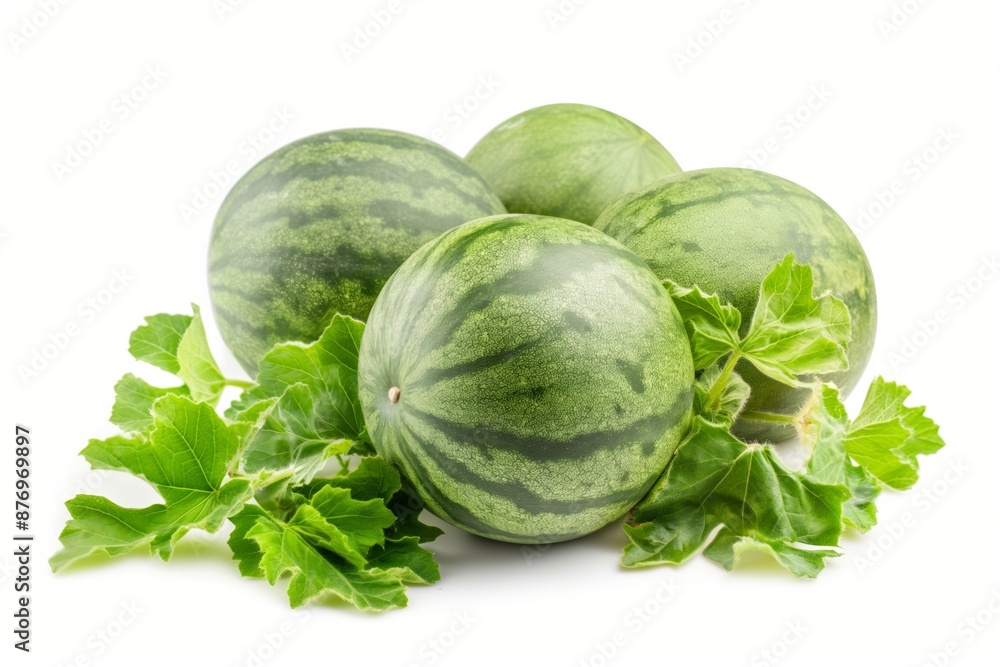 Four watermelons are on a white background. The watermelons are green ...