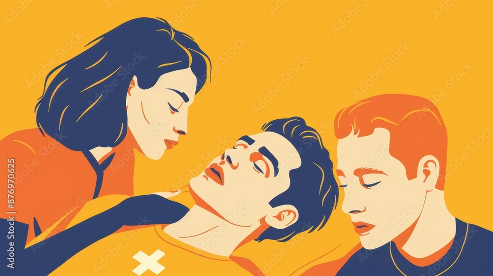 Illustrated scene of three individuals in a close, intimate setting ...