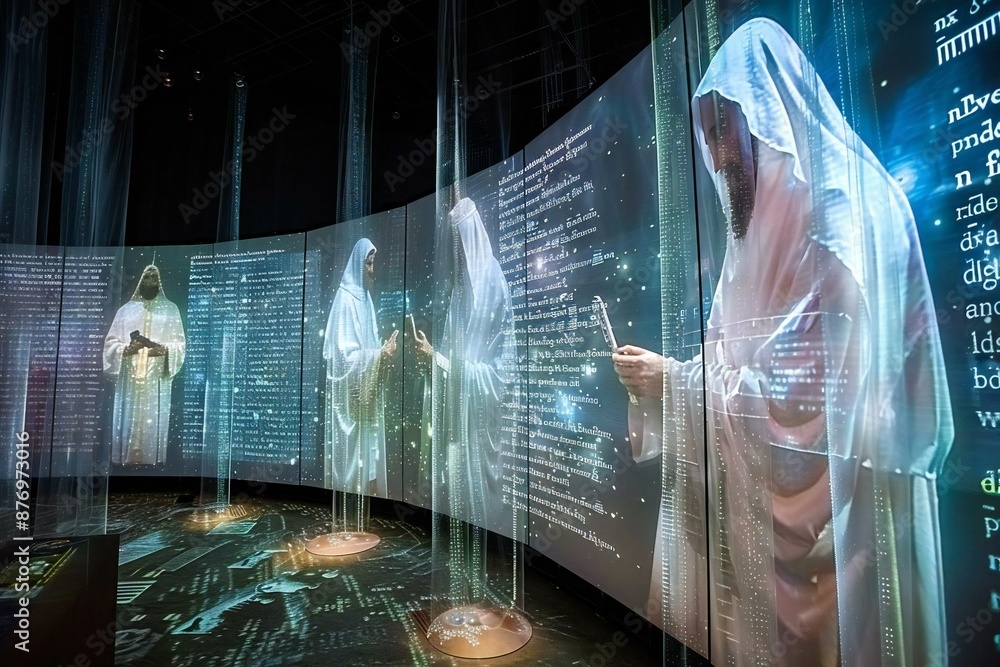 Futuristic holographic screens display different religious texts in ...