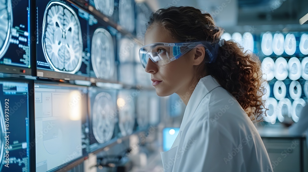 neuroscientist analyzing brain mri images for patient care in a hospital research lab isolated ...