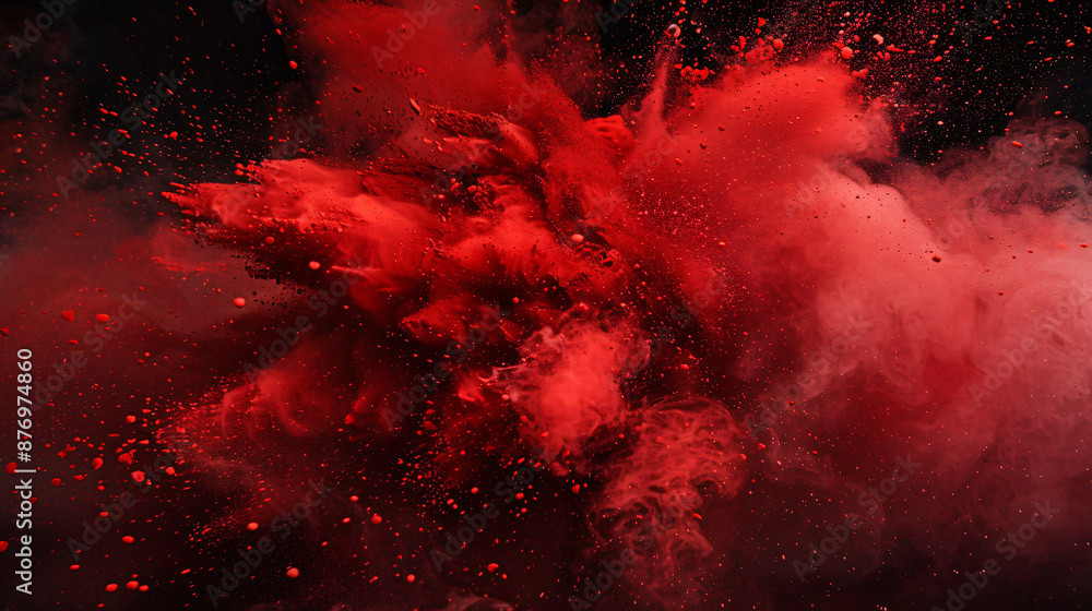 Red powder explosion on a black background. An abstract red paint ...