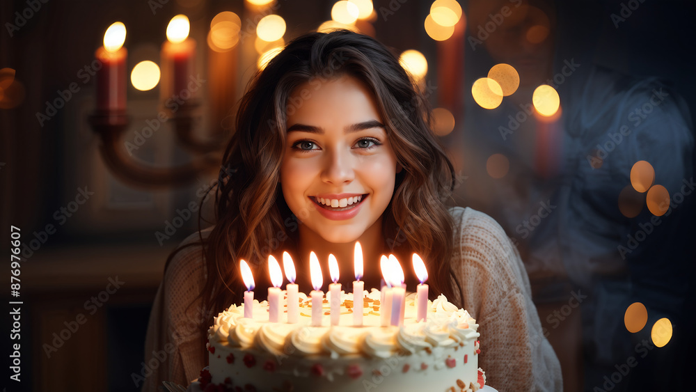 Cute 18 year old teen girl in front of a cake, celebrating her eighteen ...