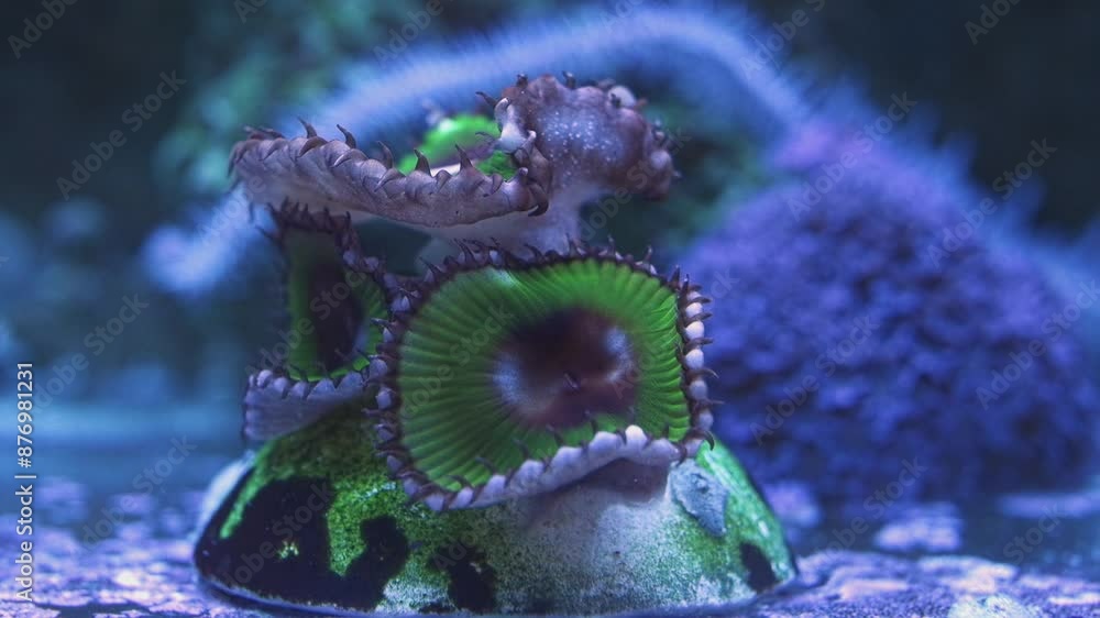 palythoa button polyp soft coral in circular laminar flow, fluorescent ...