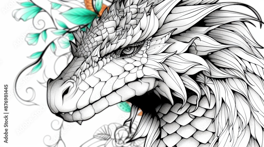 An intricate coloring book illustration of a mythical dragon ...