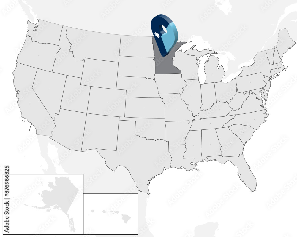Location Map of State Minnesota on map USA. 3d State Minnesota new flag ...