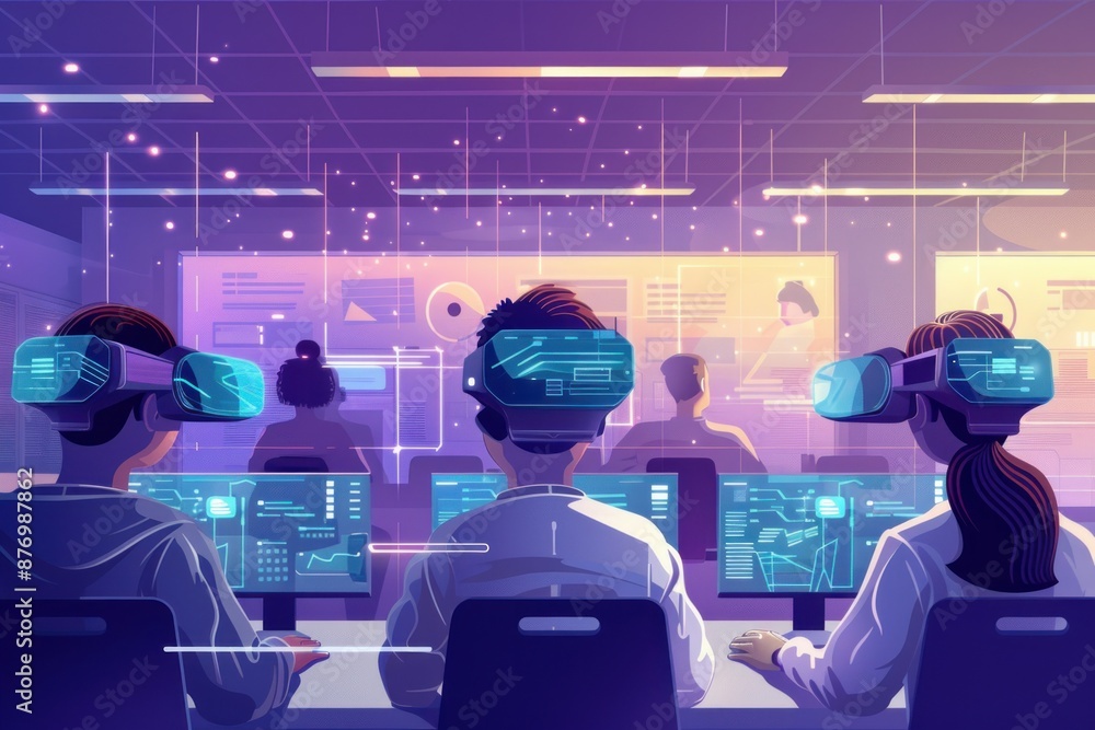 A conceptual illustration of a futuristic workspace with employees ...