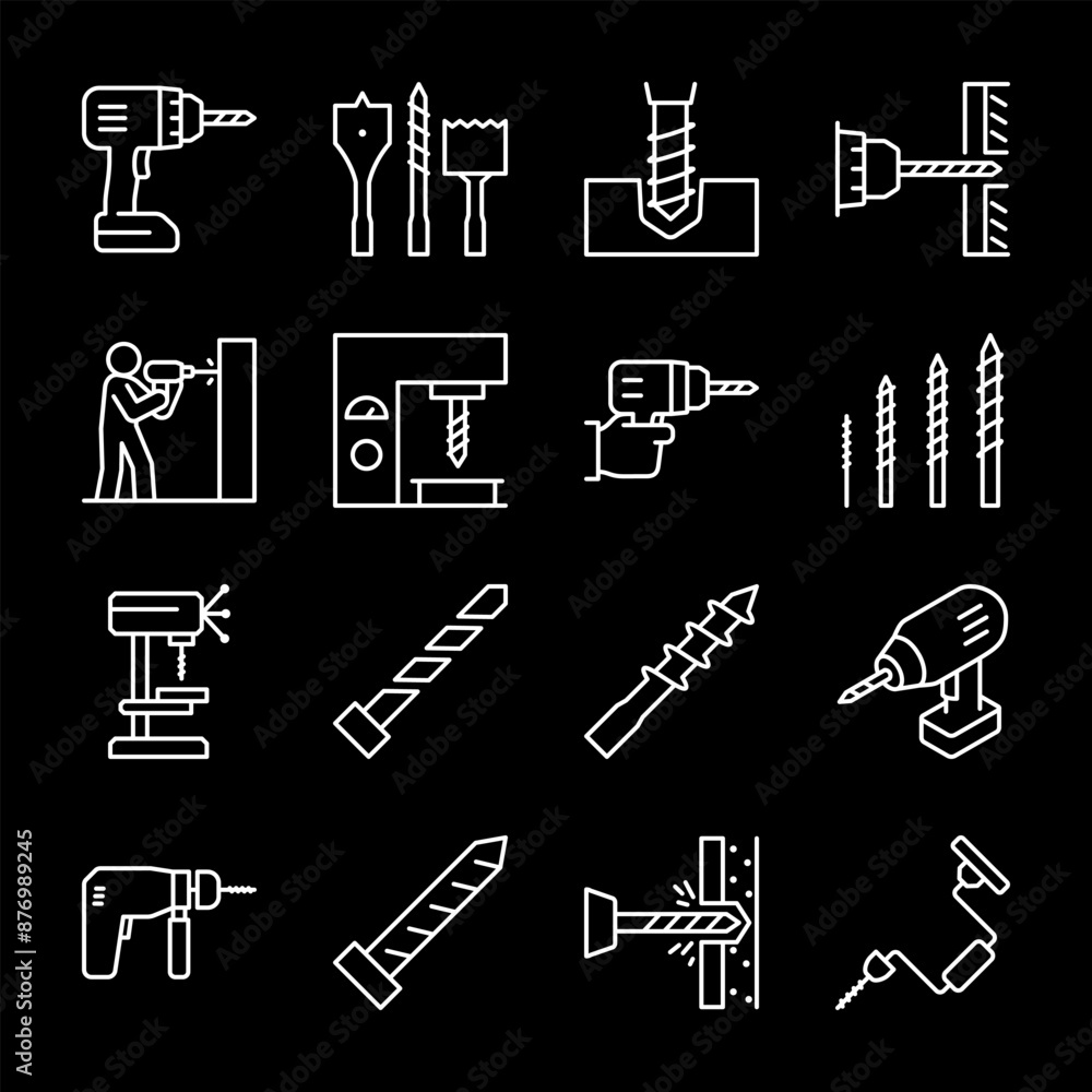Drill icons set. Drills and drill bits, perforator, icon collection ...