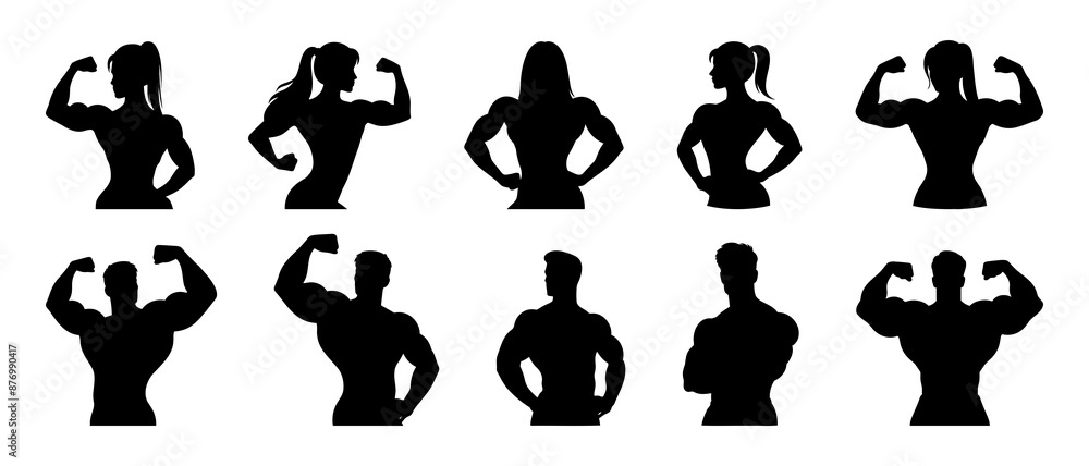 Muscular bodybuilder vector silhouettes. Male and female bodybuilding ...
