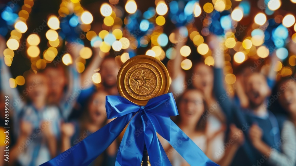 Award ceremony celebration. A golden award with a blue ribbon stands in ...