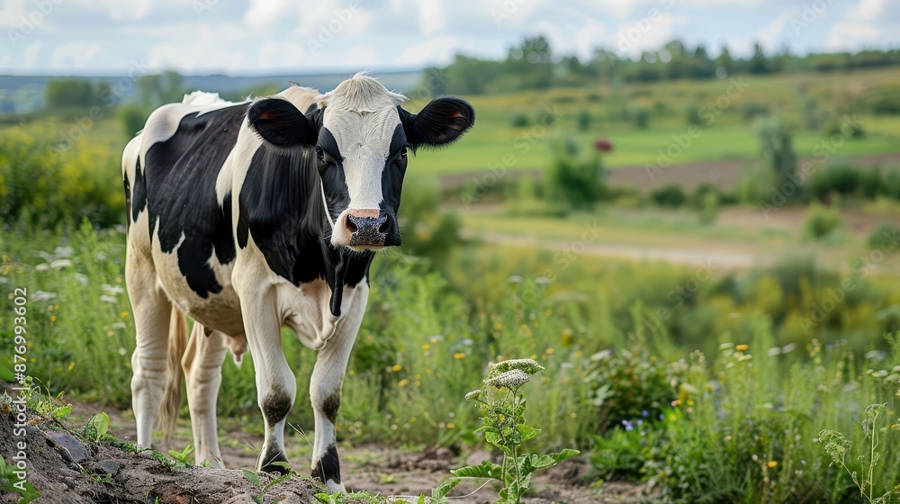 This image portrays a black and white cow standing gracefully in a ...
