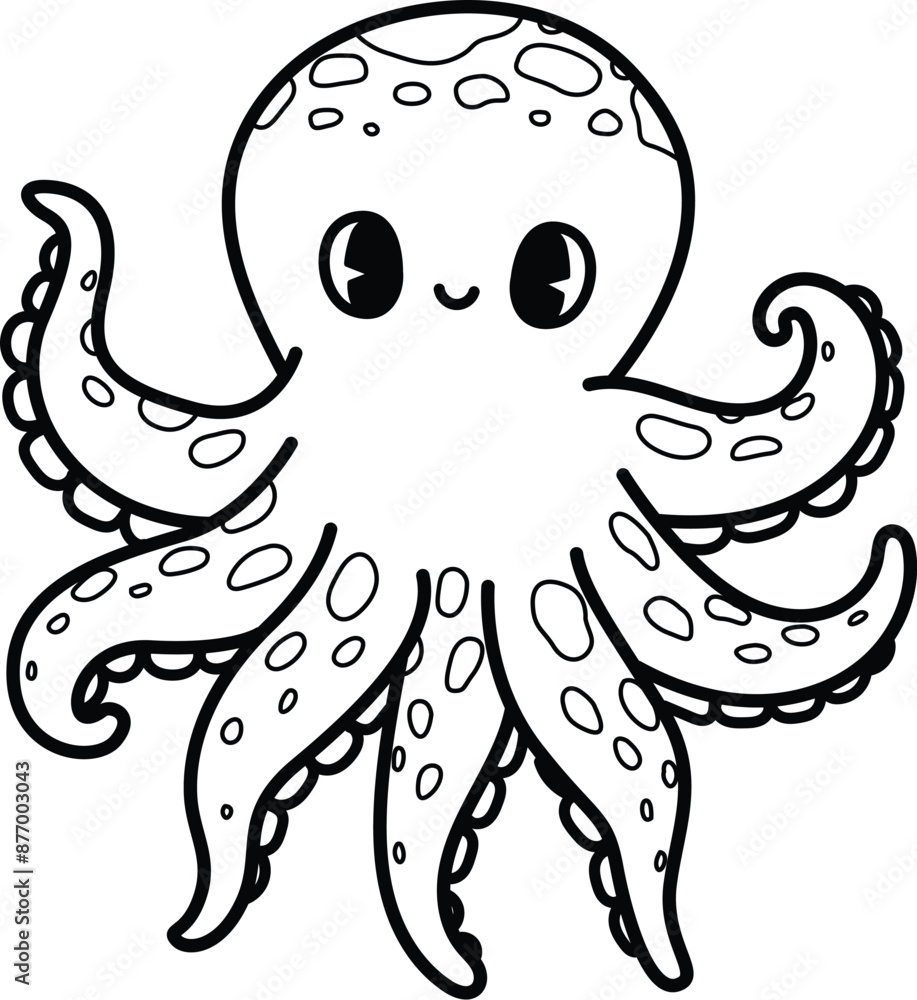 Bold line drawing cute baby octopus with editable stroke thickness for ...