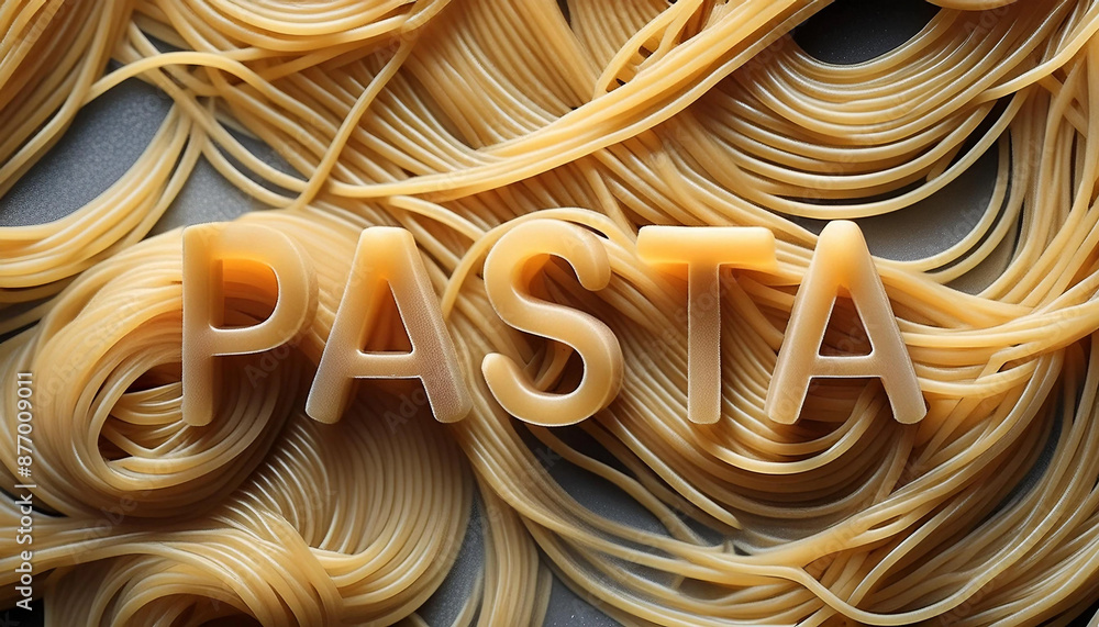 pasta word made out of dried italian pasta letters over fresh spaghetti ...