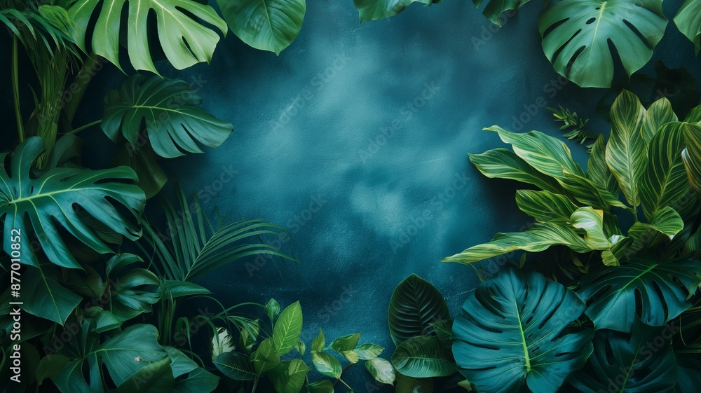 Tropical Greenery on Soft Blue Abstract Background and lush green ...