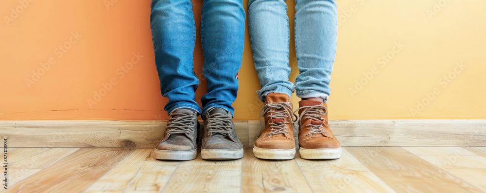 Two people standing next to each other with their feet on the floor ...