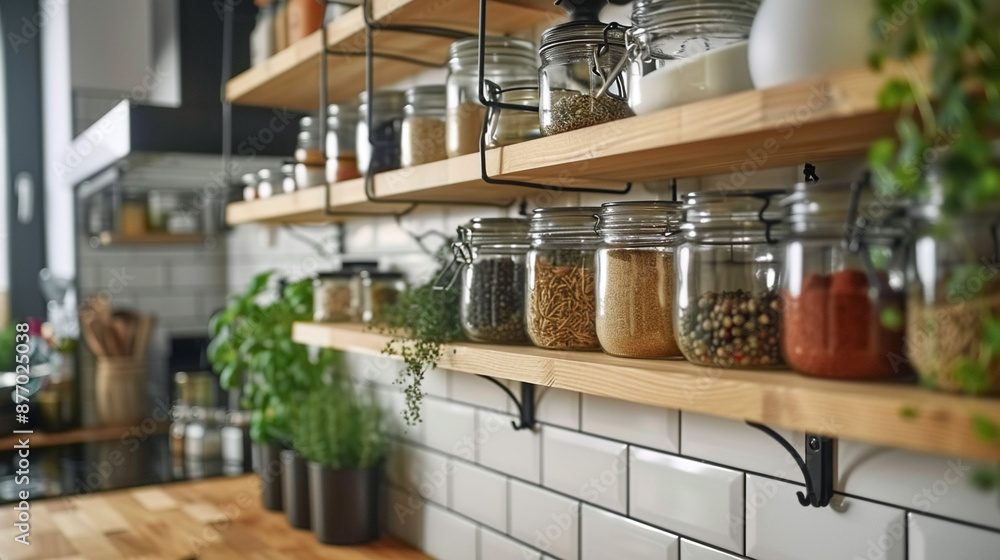 Wall-mounted wire mesh shelves with S-hooks, organizing spices and ...
