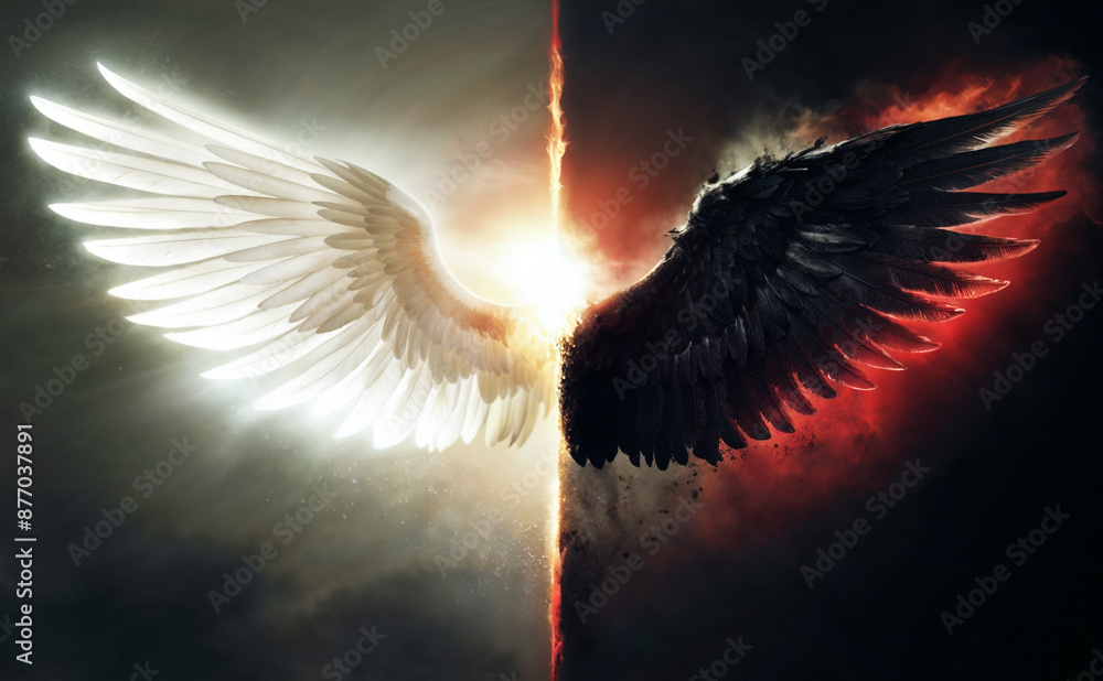 Concept art of good versus evil: Radiant white angel wing juxtaposed ...