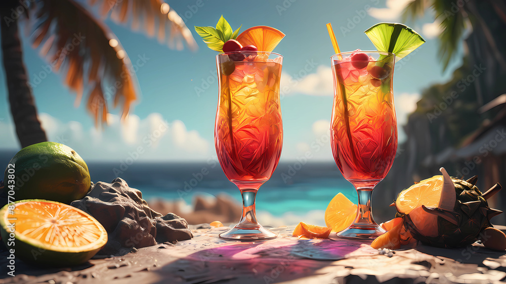 background, tropic, 2 cocktails, 1 mix rum drink , redshift render ...