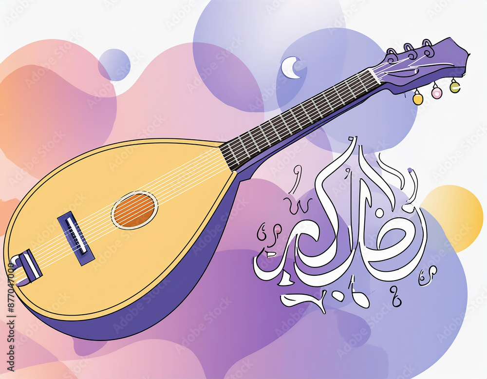 Oriental musical background with oud or mandolin and musical notes with ...