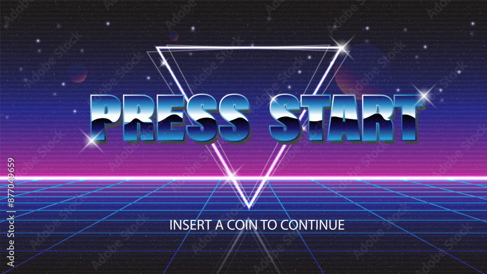 PRESS START INSERT A COIN TO CONTINUE .Synthwave wireframe landscape ...